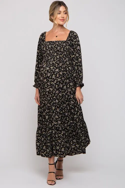 PINKBLUSH Floral Smocked Long Sleeve Maxi Dress - Black