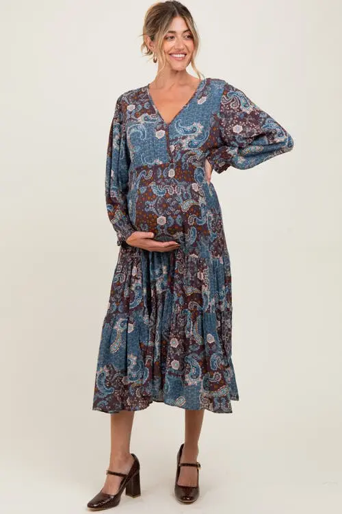 PINKBLUSH Paisley Print Smocked Waist Tiered Midi Dress - Teal
