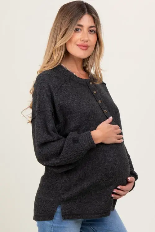 PINKBLUSH Oversized Ribbed Knit Henley Sweater