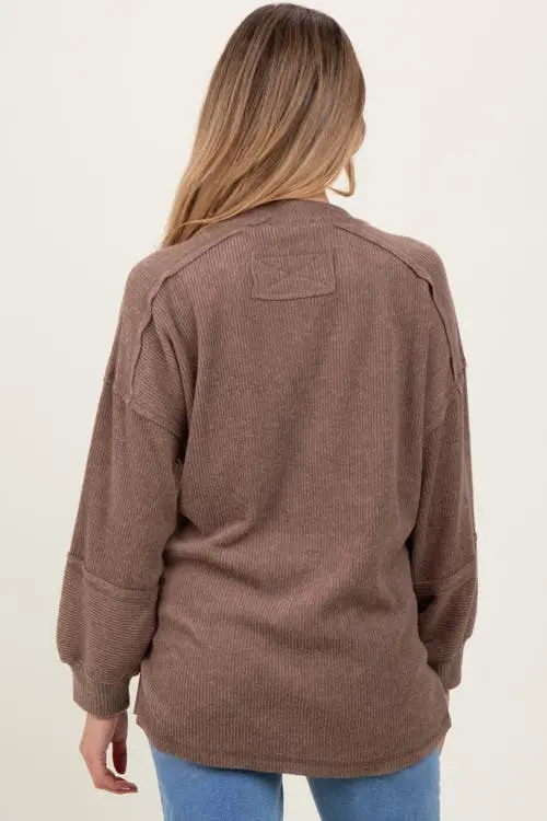 PINKBLUSH Oversized Ribbed Knit Henley Sweater - Mocha