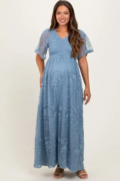 PINKBLUSH Smocked Top Lace Maxi Dress - Blue