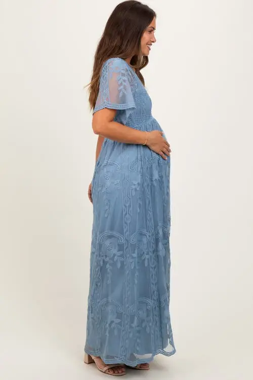 PINKBLUSH Smocked Top Lace Maxi Dress - Blue