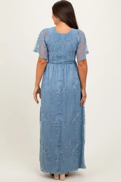 PINKBLUSH Smocked Top Lace Maxi Dress - Blue