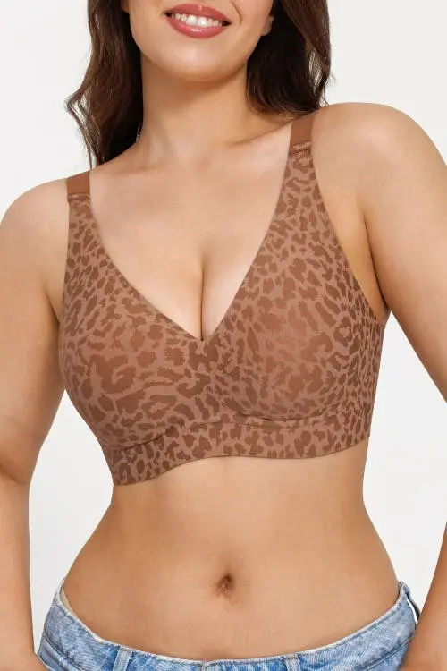 POPILUSH Seamless Wireless Jelly Leopard Contour Minimizer Support Bra - Brown Leopard