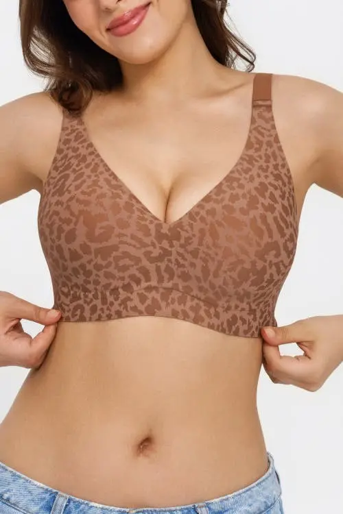 POPILUSH Seamless Wireless Jelly Leopard Contour Minimizer Support Bra - Brown Leopard