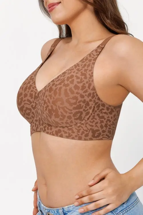 POPILUSH Seamless Wireless Jelly Leopard Contour Minimizer Support Bra - Brown Leopard