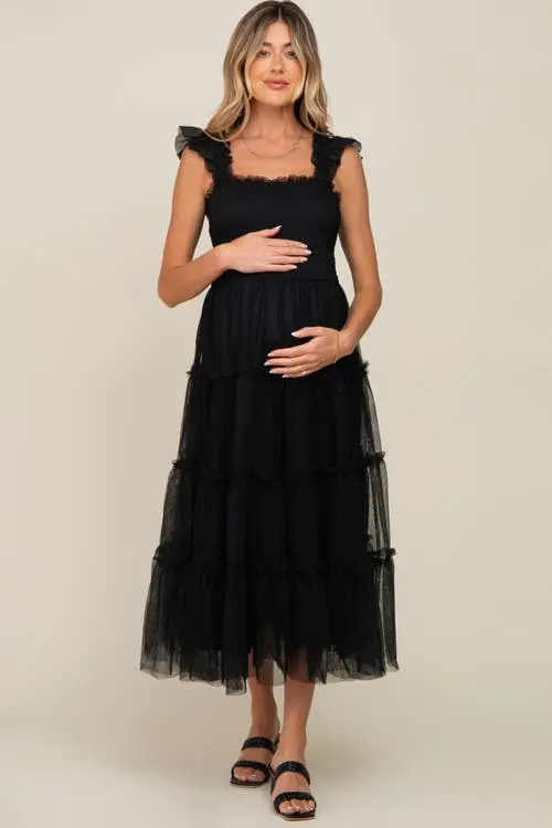 PINKBLUSH Smocked Mesh Ruffle Accent Midi Dress - Black