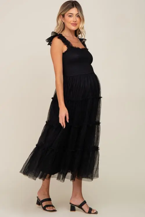 PINKBLUSH Smocked Mesh Ruffle Accent Midi Dress - Black