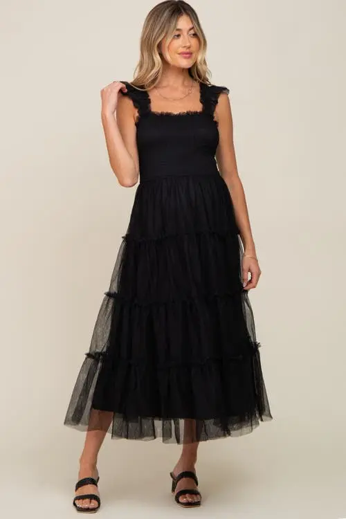 PINKBLUSH Smocked Mesh Ruffle Accent Midi Dress - Black