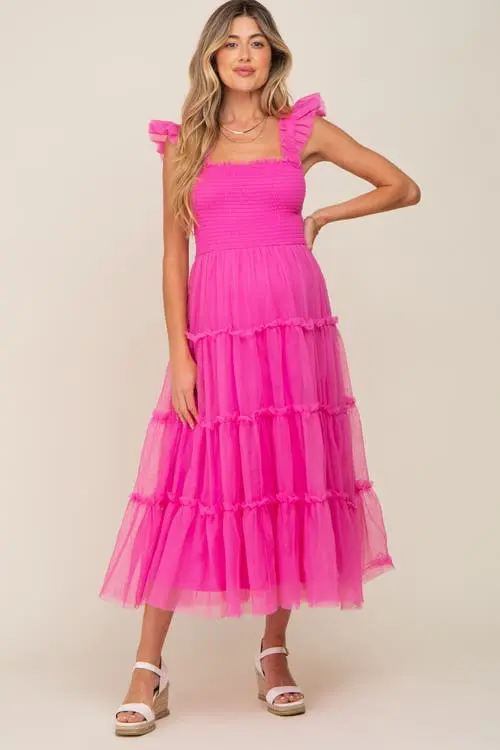 PINKBLUSH Smocked Mesh Ruffle Accent Midi Dress - Fuschia