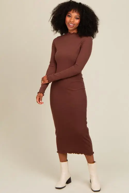 PINKBLUSH Ruffle Mock Neck Long Sleeve Midi Dress - Brown