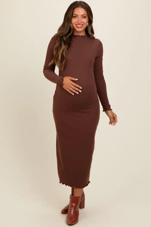 PINKBLUSH Ruffle Mock Neck Long Sleeve Midi Dress - Brown