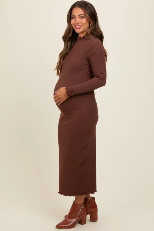PINKBLUSH Ruffle Mock Neck Long Sleeve Midi Dress
