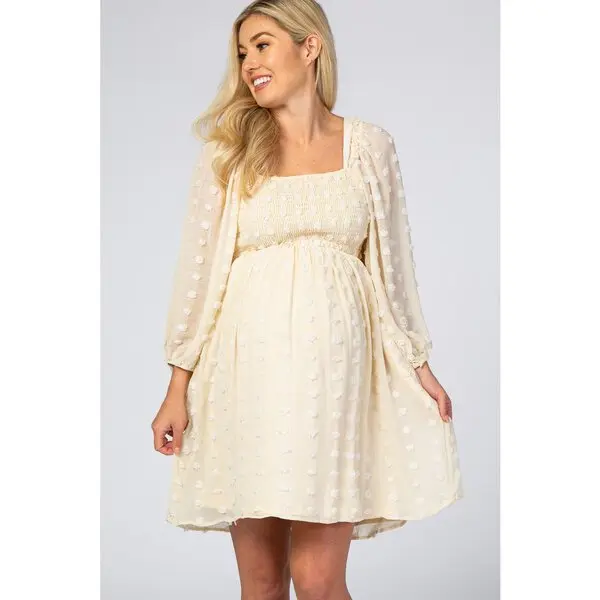 PINKBLUSH Textured Dot Smocked Square Neck Chiffon Dress - Beige