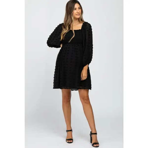 PINKBLUSH Textured Dot Smocked Square Neck Chiffon Dress - Black