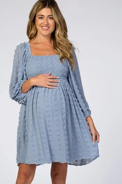PINKBLUSH Textured Dot Smocked Square Neck Chiffon Dress - Light Blue