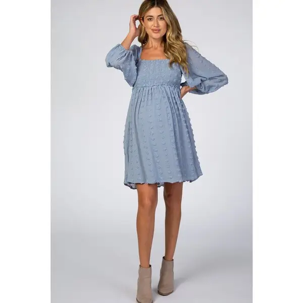 PINKBLUSH Textured Dot Smocked Square Neck Chiffon Dress - Light Blue