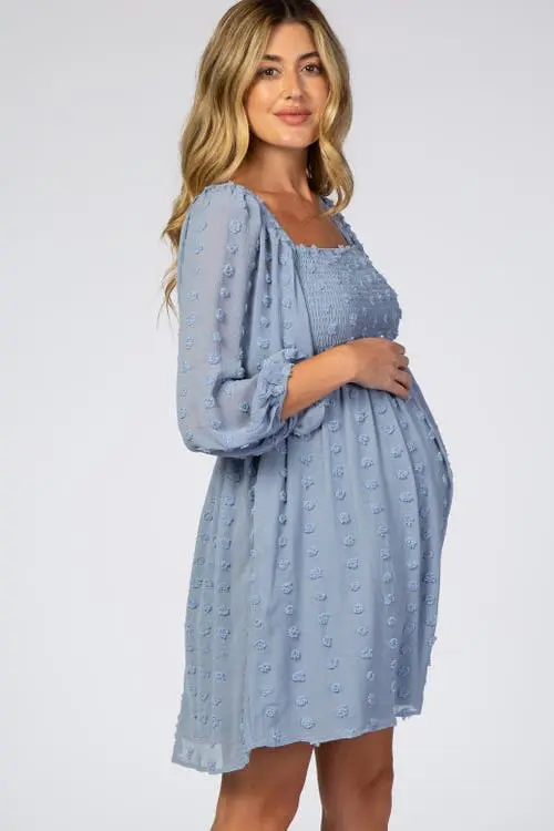 PINKBLUSH Textured Dot Smocked Square Neck Chiffon Dress - Light Blue