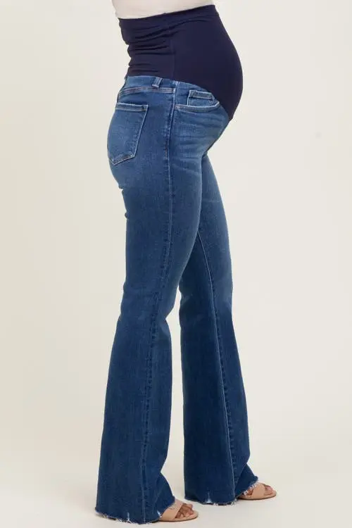 PINKBLUSH High Rise Raw Hem Bootcut Maternity Jeans - Navy Blue