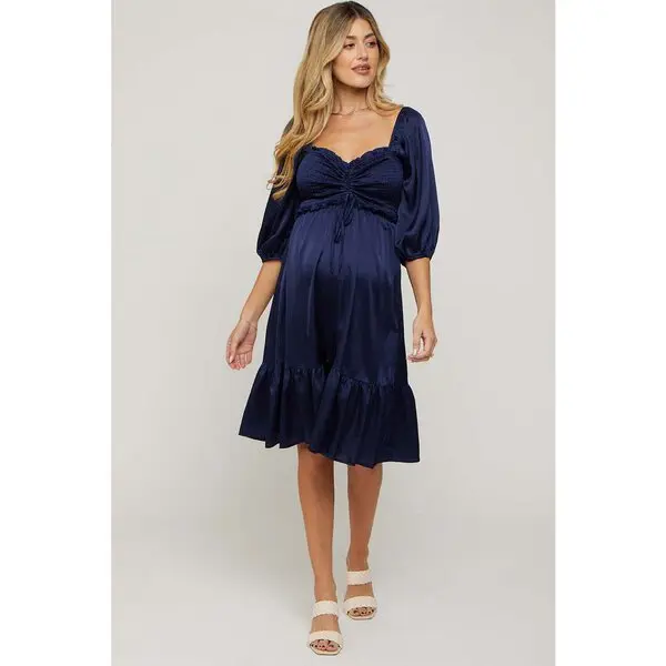 PINKBLUSH Satin Smocked Ruffle Hem Maternity Dress