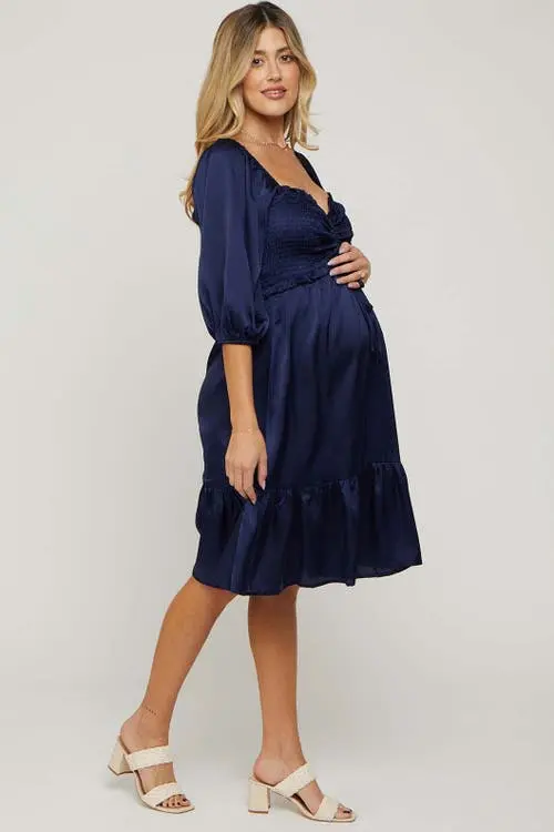 PINKBLUSH Satin Smocked Ruffle Hem Maternity Dress
