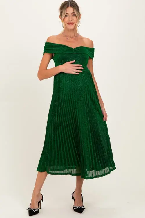 PINKBLUSH Shimmer Off Shoulder Pleated Midi Dress - Forest Green