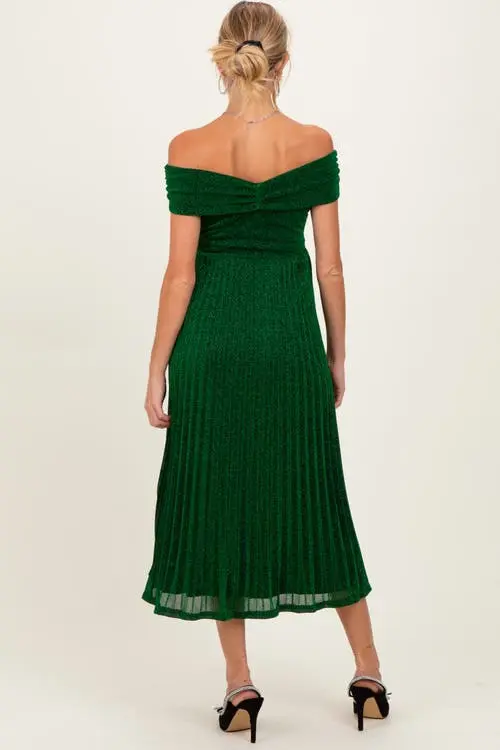 PINKBLUSH Shimmer Off Shoulder Pleated Midi Dress - Forest Green
