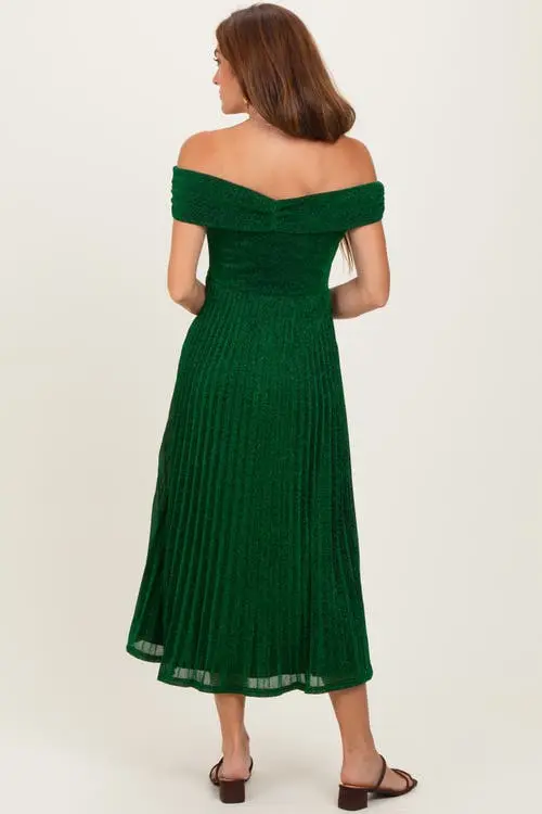 PINKBLUSH Shimmer Off Shoulder Pleated Midi Dress - Forest Green