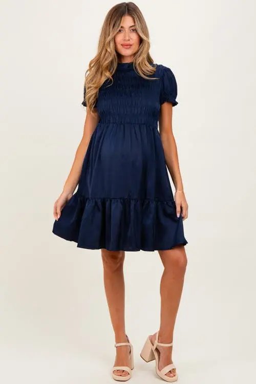 PINKBLUSH Satin Smocked Mock Neck Maternity Dress