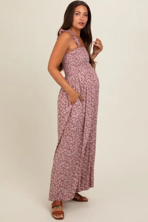 PINKBLUSH Floral Print Wide Leg Maternity Jumpsuit - Mauve