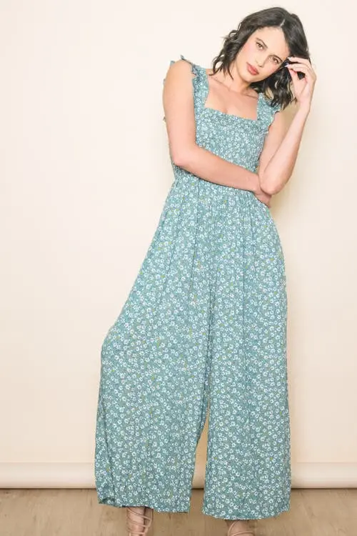PINKBLUSH Floral Print Wide Leg Maternity Jumpsuit - Teal