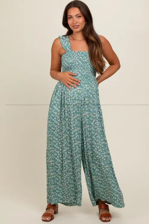 PINKBLUSH Floral Print Wide Leg Maternity Jumpsuit - Teal