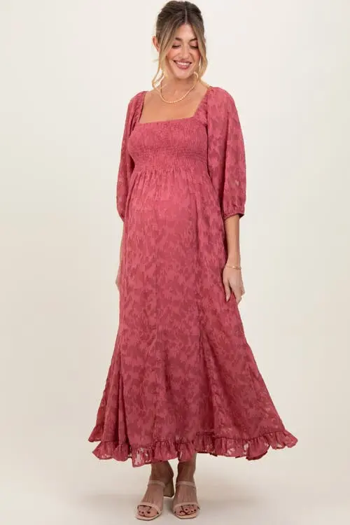 PINKBLUSH Textured Overlay Smocked Ruffled Hem Maxi Dress - Mauve