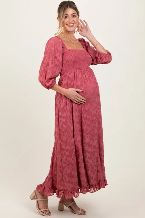 PINKBLUSH Textured Overlay Smocked Ruffled Hem Maxi Dress