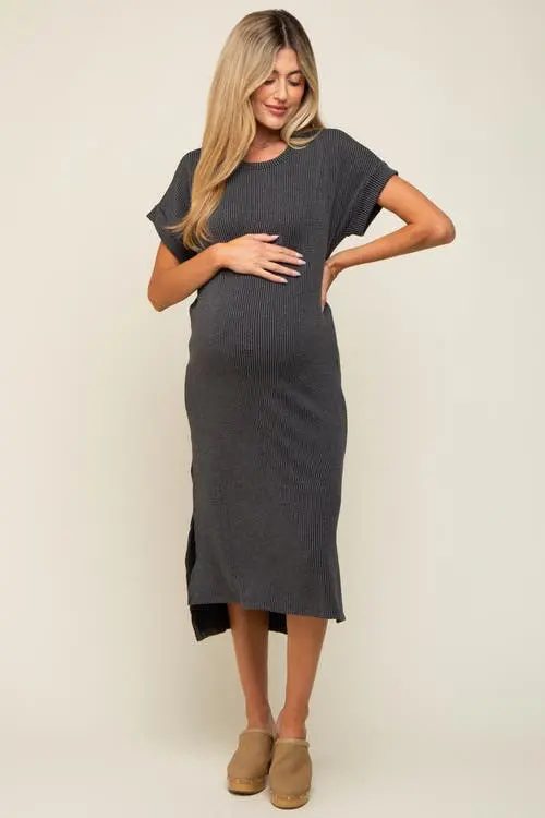 PINKBLUSH Ribbed Short Sleeve Maternity Midi Dress - Charcoal Grey