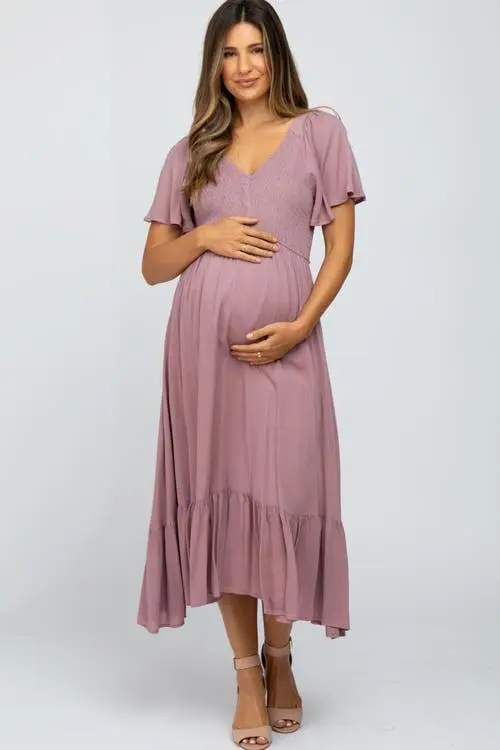 PINKBLUSH Smocked V-neck Maternity Midi Dress - Mauve