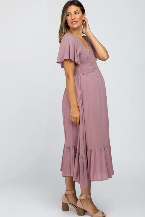 PINKBLUSH Smocked V-neck Maternity Midi Dress - Mauve