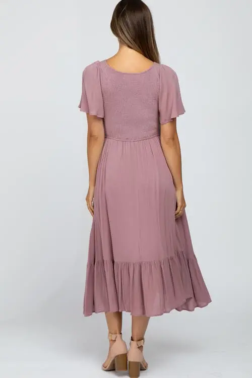PINKBLUSH Smocked V-neck Maternity Midi Dress - Mauve