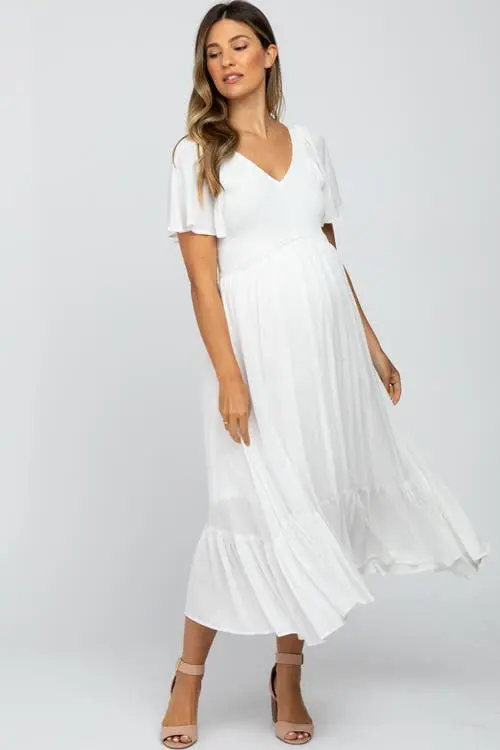 PINKBLUSH Smocked V-neck Midi Dress With Ruffled Hem - White