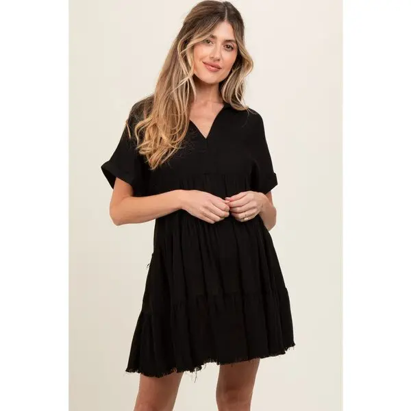 PINKBLUSH Linen Maternity Tiered Dress - Black