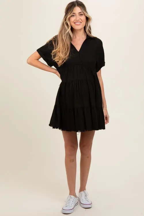 PINKBLUSH Linen Maternity Tiered Dress - Black