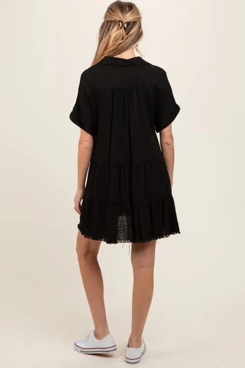 PINKBLUSH Linen Maternity Tiered Dress - Black