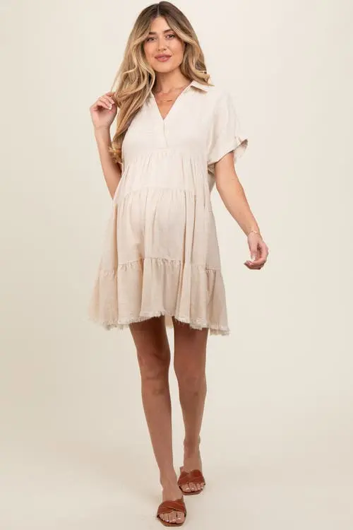 PINKBLUSH Tiered Linen Maternity Dress - Cream