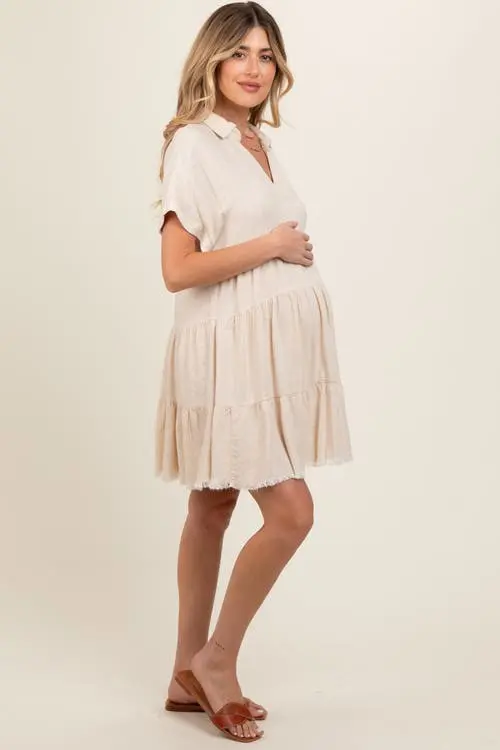PINKBLUSH Tiered Linen Maternity Dress - Cream
