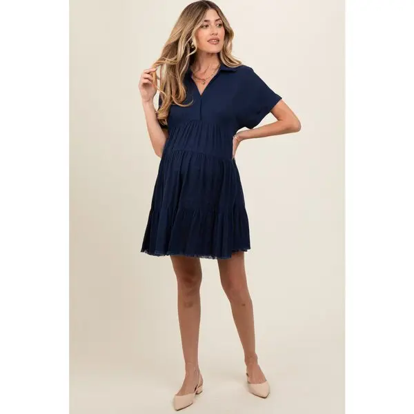 PINKBLUSH Linen Maternity Tiered Dress - Navy Blue