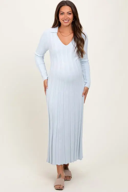 PINKBLUSH Ribbed Knit Collared Midi Dress
