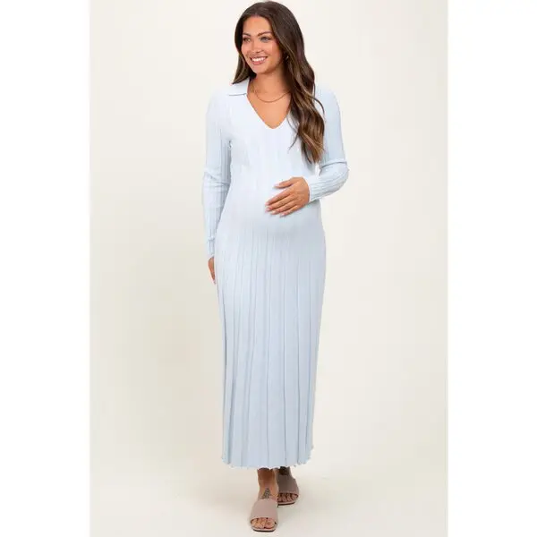 PINKBLUSH Ribbed Knit Collared Midi Dress