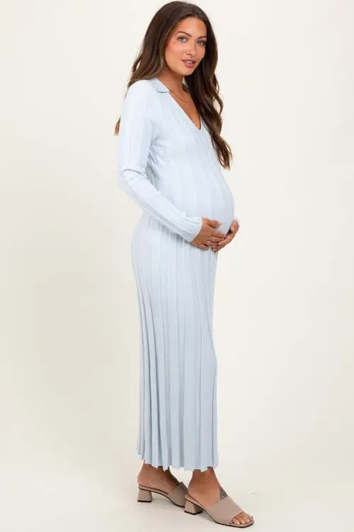 PINKBLUSH Ribbed Knit Collared Midi Dress