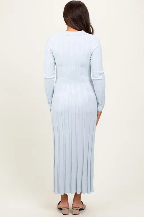 PINKBLUSH Ribbed Knit Collared Midi Dress