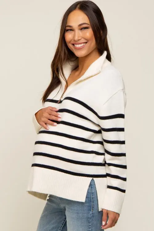 PINKBLUSH Striped Half Zip Maternity Sweater